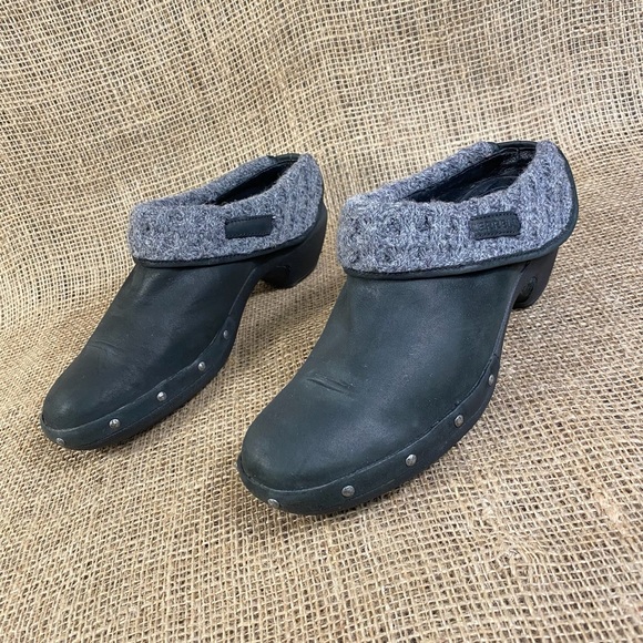 Merrell | Shoes | Merrell Clogs Black Nubuck Leather Luxe Knit Studded ...
